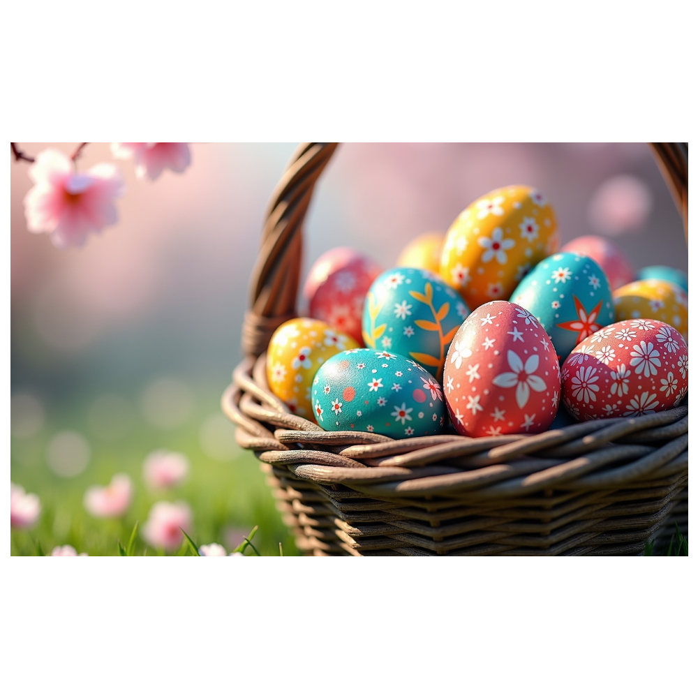 Easter Themed Pastel Colored Basket with Eggs Flower Field and ...