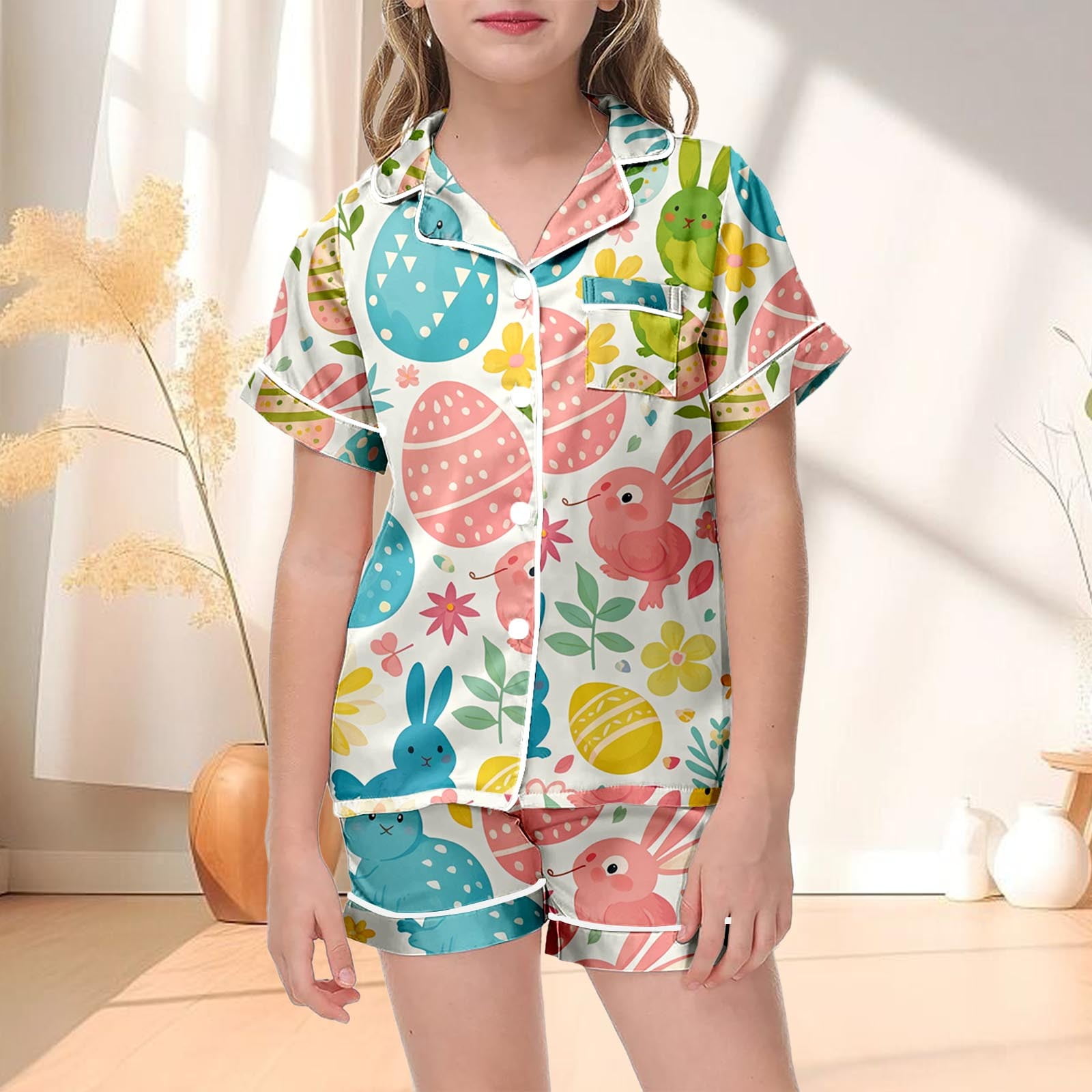 Easter Toddler Girls Satin Pajamas Set Easter Bunny Print Button up ...