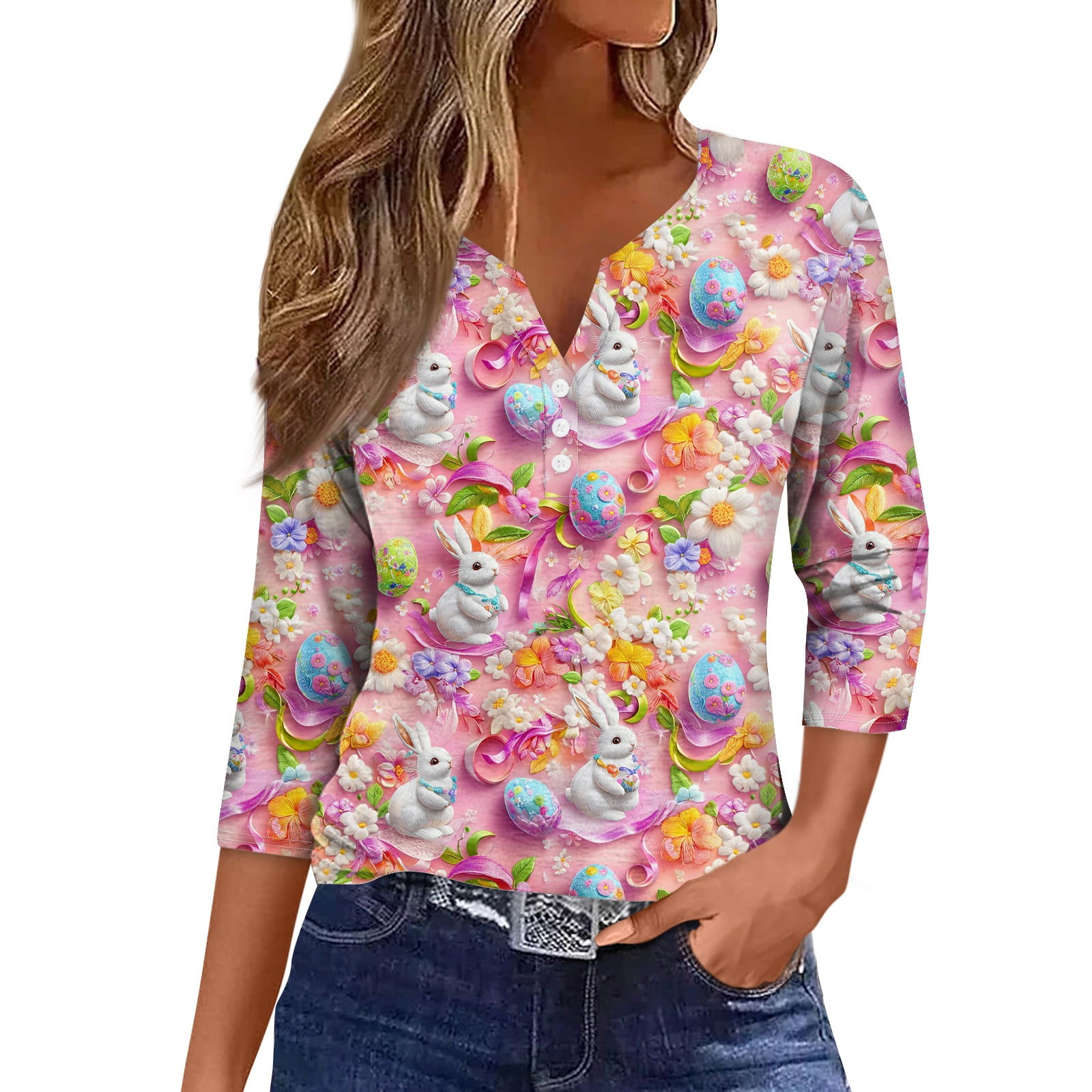 Easter Top Fun 3/4 Sleeve T Shirt Woman Seaside Plus Size Crew Neck ...