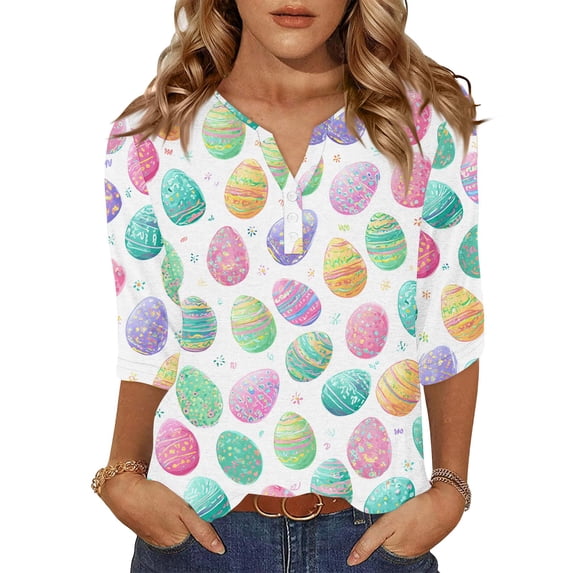 Easter Tops for Women Loose 3/4 Sleeve Shirts Funny Bunny & Egg Printed ...