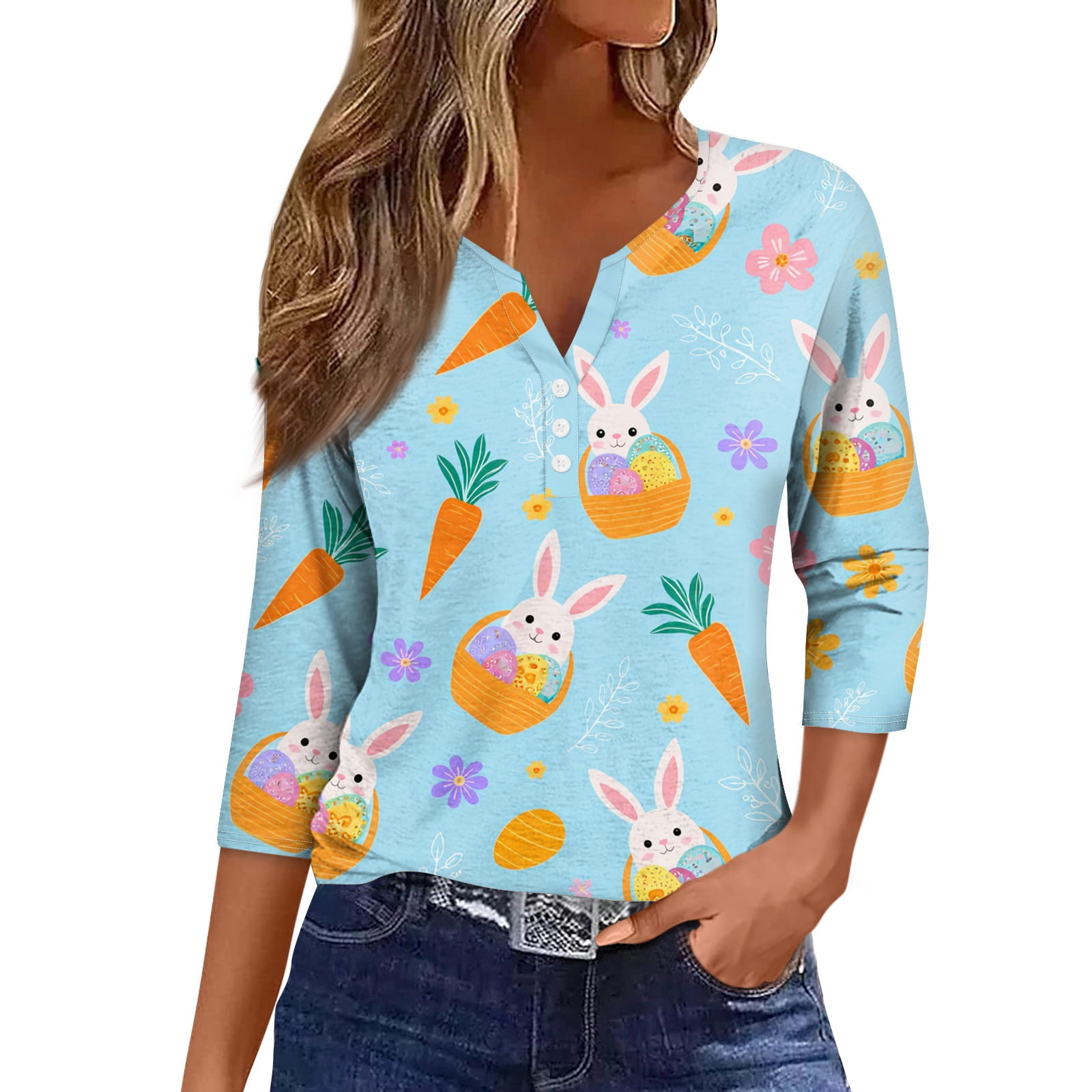 Easter Tops for Women Three Quarter Length Colored Eggs Print V-Neck ...