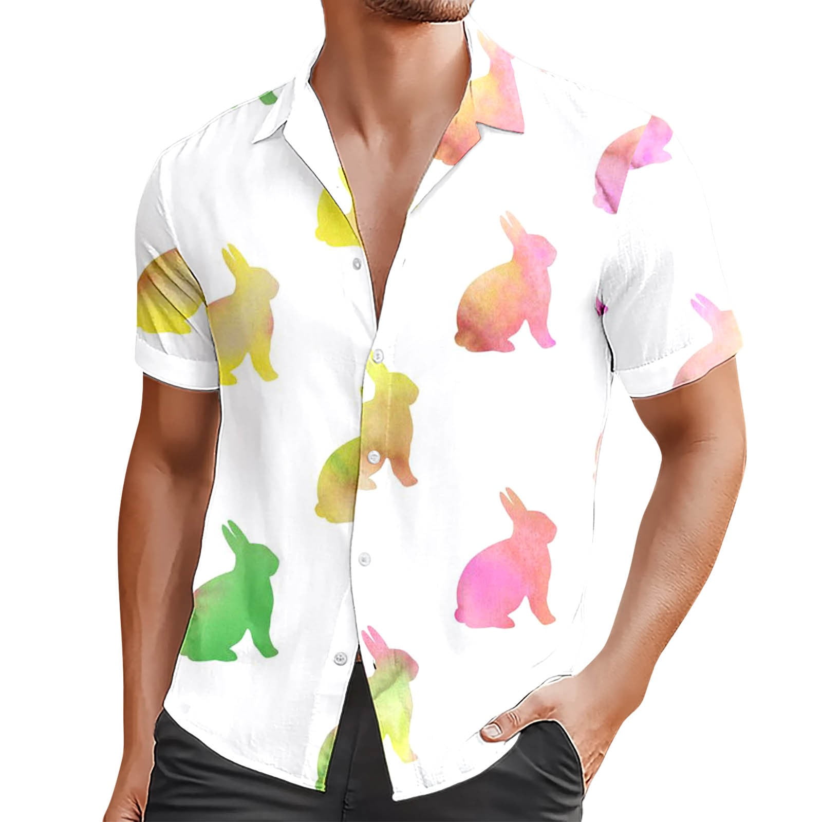 Easter Tops for Men Laple Button Down Cute Rabbit Patteren Short Sleeve ...