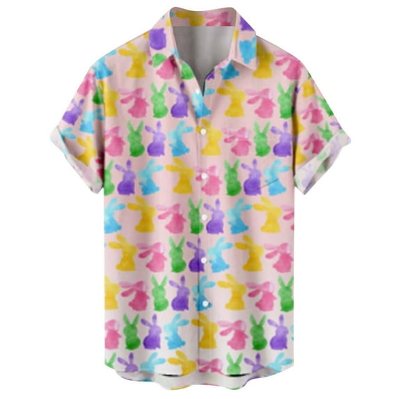 Easter Tops for Men Short Sleeve Cute Rabbit Printed Laple Button Down ...
