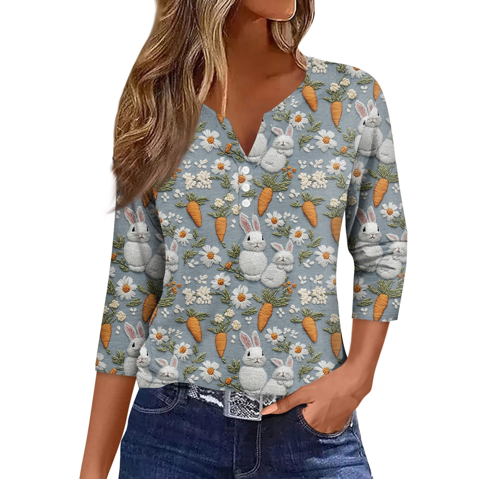 Easter Tops for Women 2025 Plus Size Fun Shirts for Womens 3/4 Sleeve ...