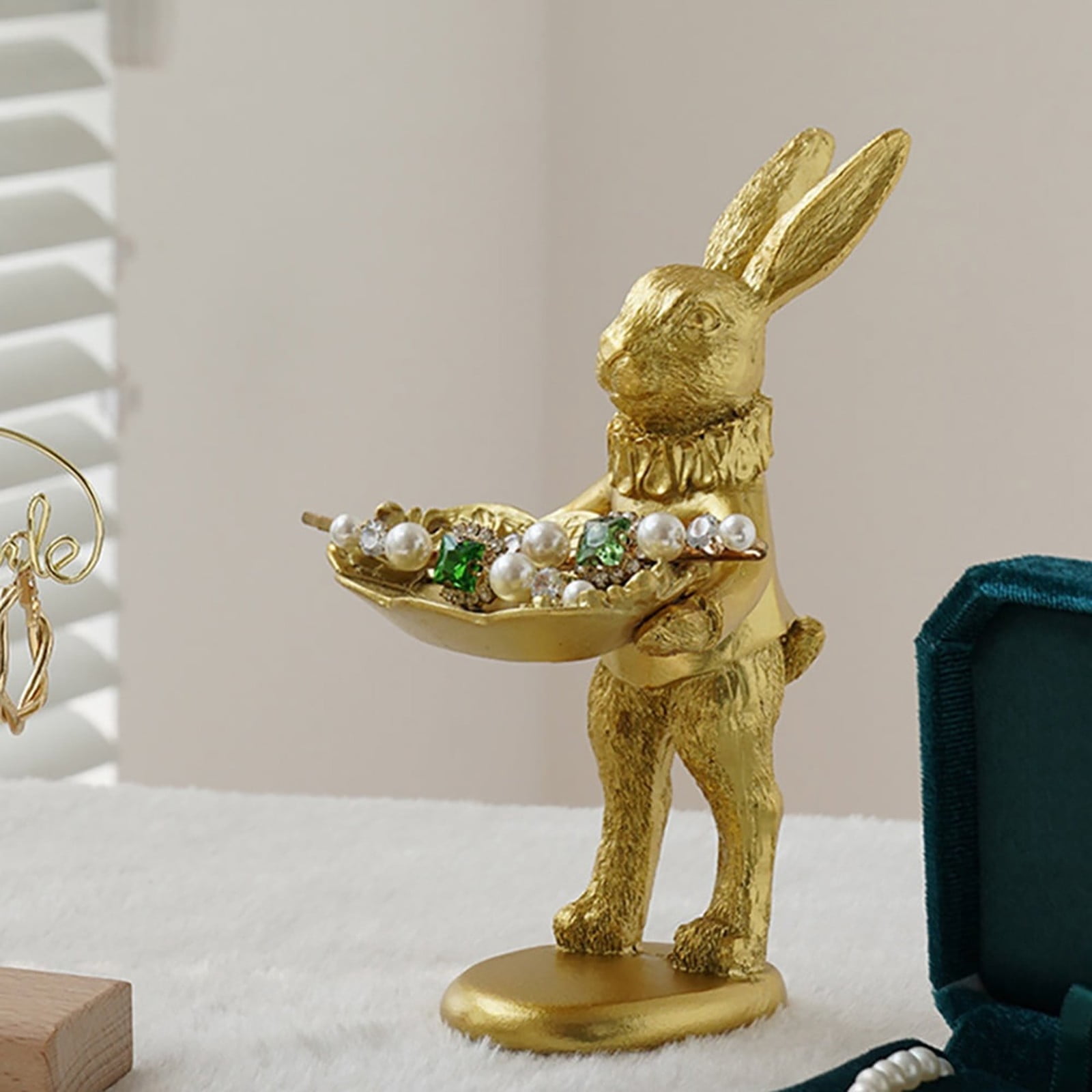 Easter Tray Decoration Golden Bunny Figurine Jewelry Ring Tray ...