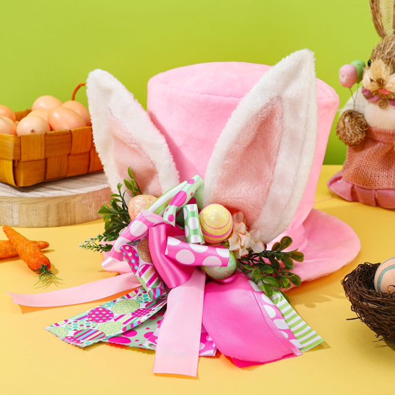 Easter Tree Topper Hat with Bow, Pink Plush Top Hat Ornament with Bunny ...