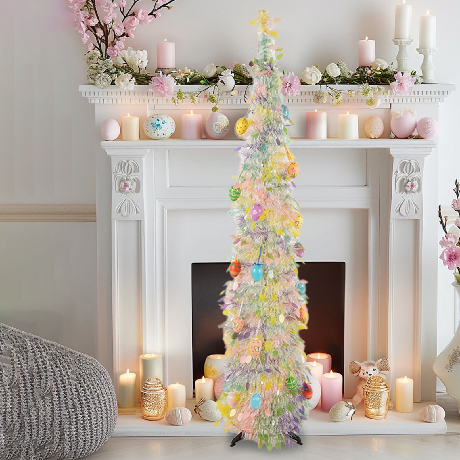 Easter Trees 5FT Artificial Pop Up Tinsel with String Lights & Eggs ...