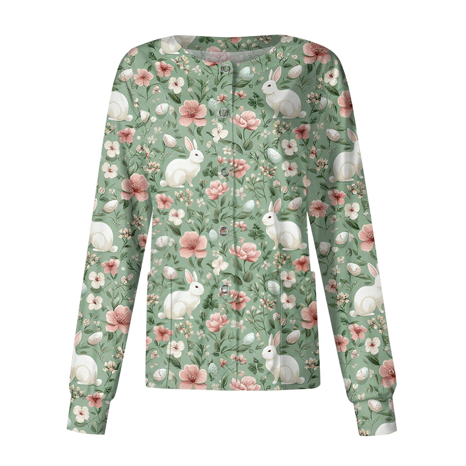 Easter Trendy Scrub Jackets for Women Snap Front Cute Bunny Egg Graphic ...