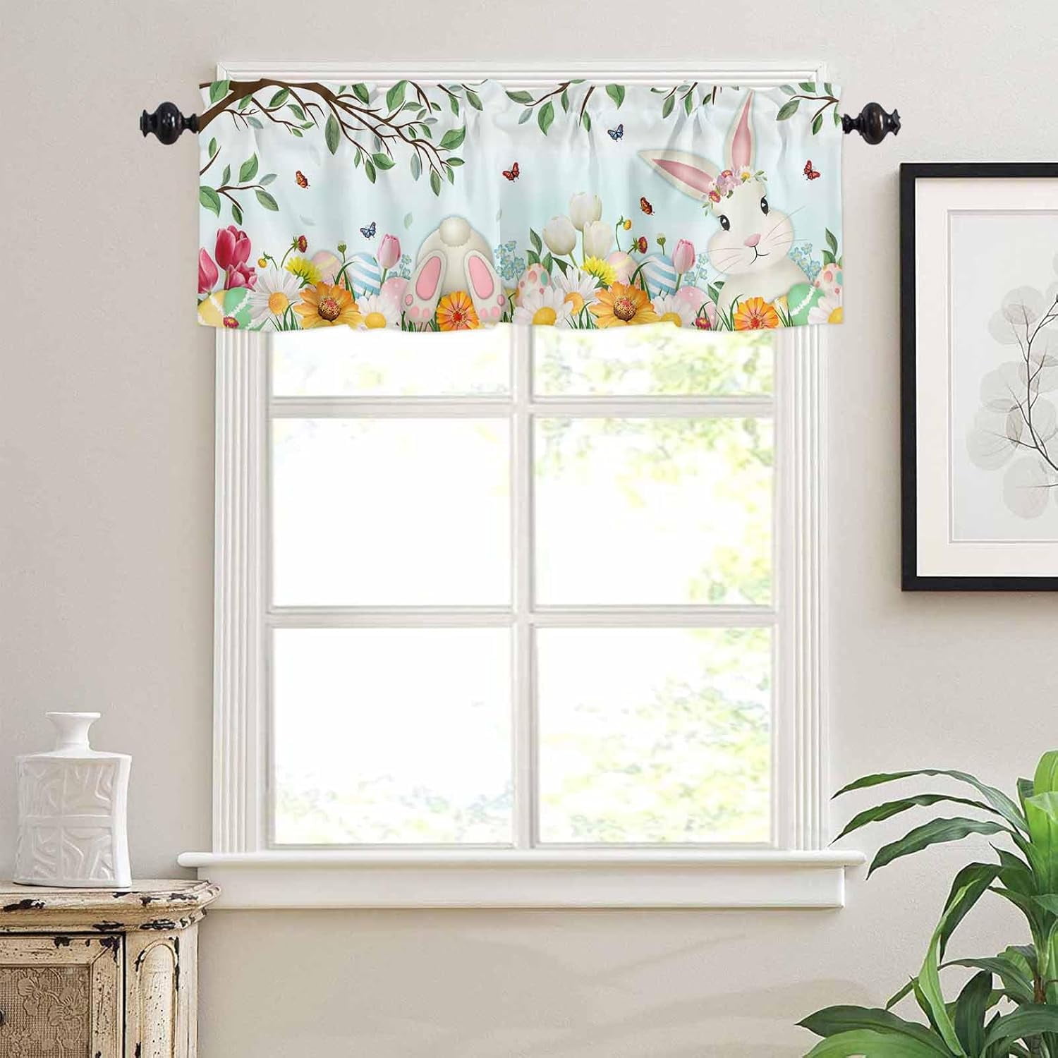 Easter Valance for Windows, Easter Eggs Bunny Spring Flowers and Leaves ...
