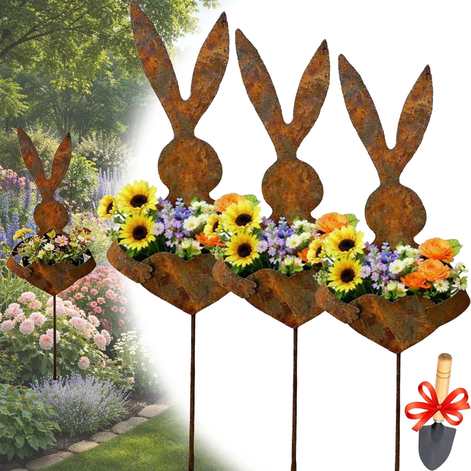 Easter Vintage Metal Rabbit Shaped Planter Garden Stake,Rustic Patina ...