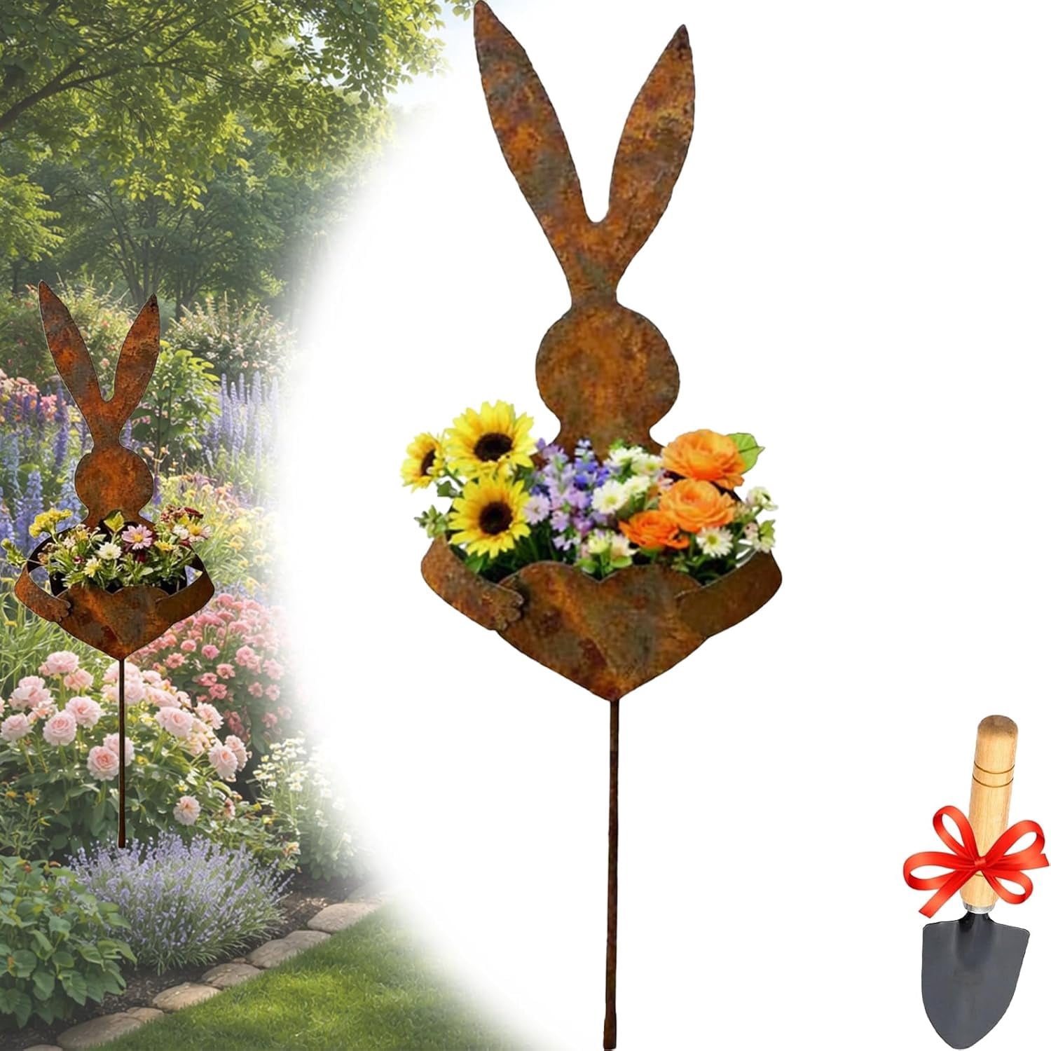 Easter Vintage Metal Rabbit Shaped Planter Garden Stake,Rustic Patina ...