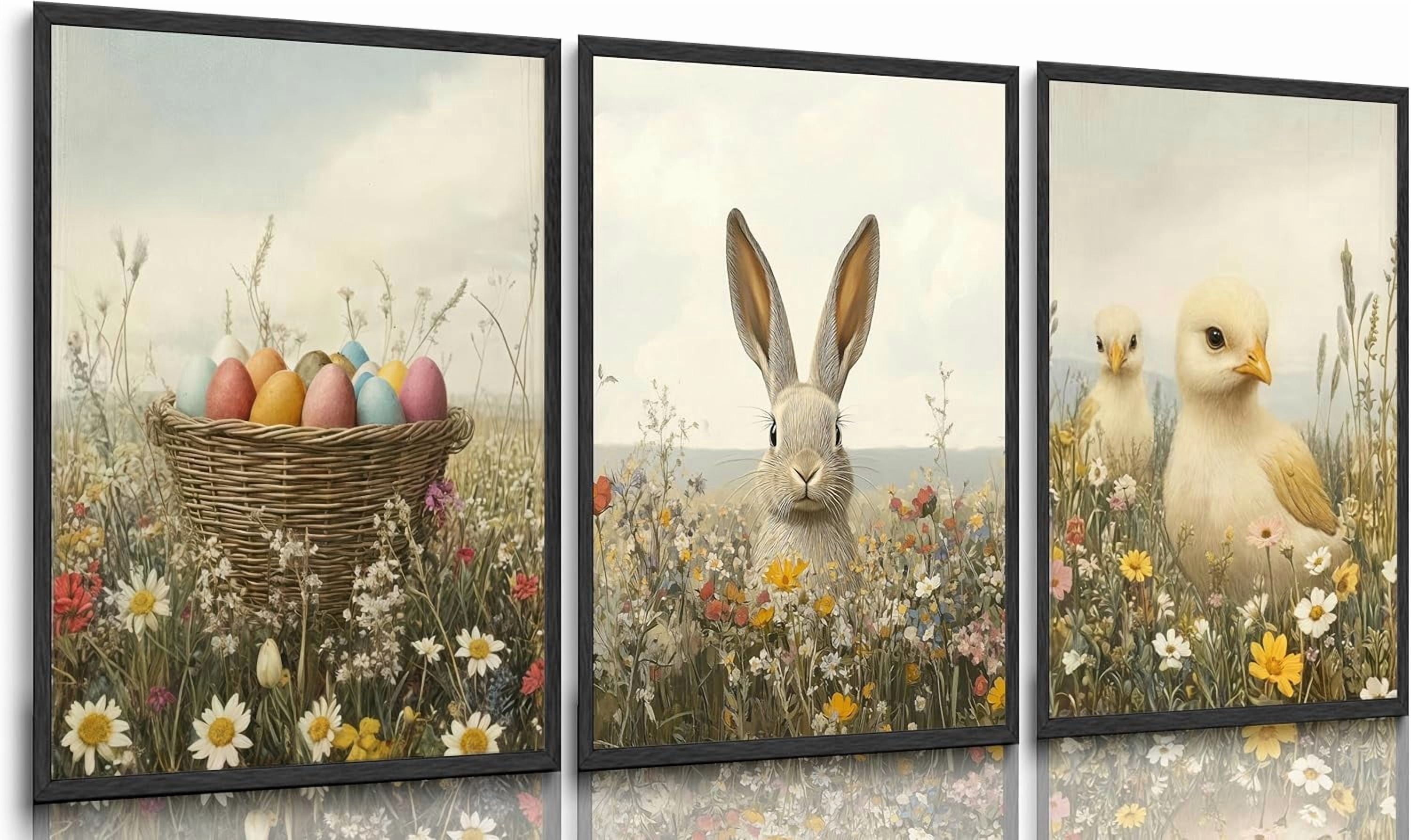 Easter Wall Art Vintage Bunny Canvas Poster Wildflowers Landscape Wall ...