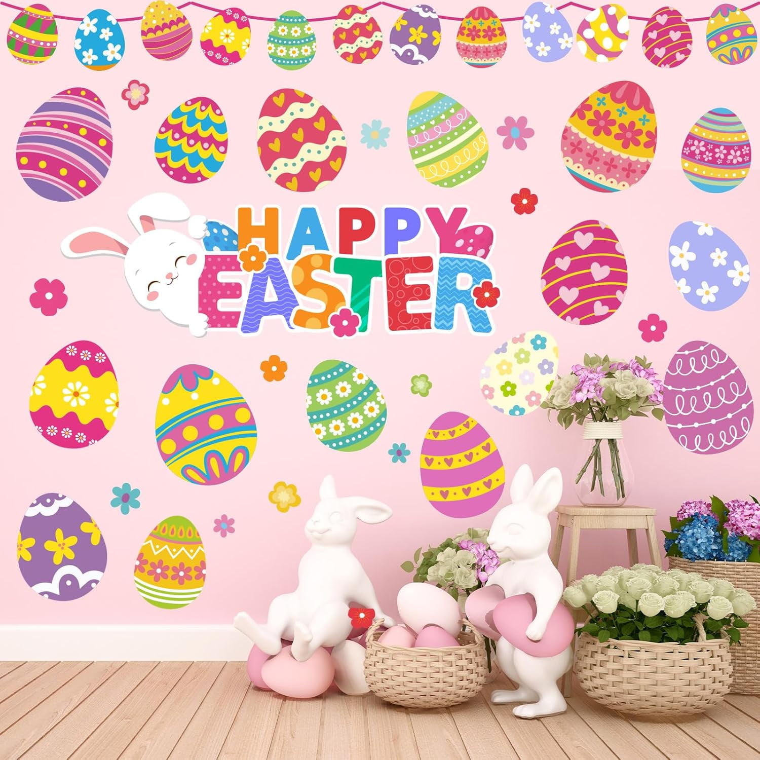 Easter Wall Decor Stickers Happy Easter Egg Flower Wall Decals for ...
