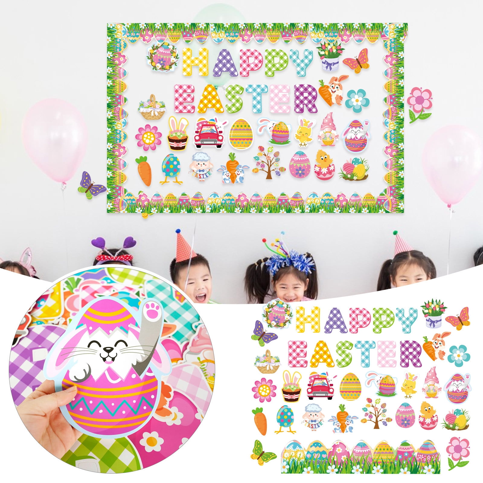 Easter Wall On Easter Party Window Background Wall Cartoon Cute Bunny ...