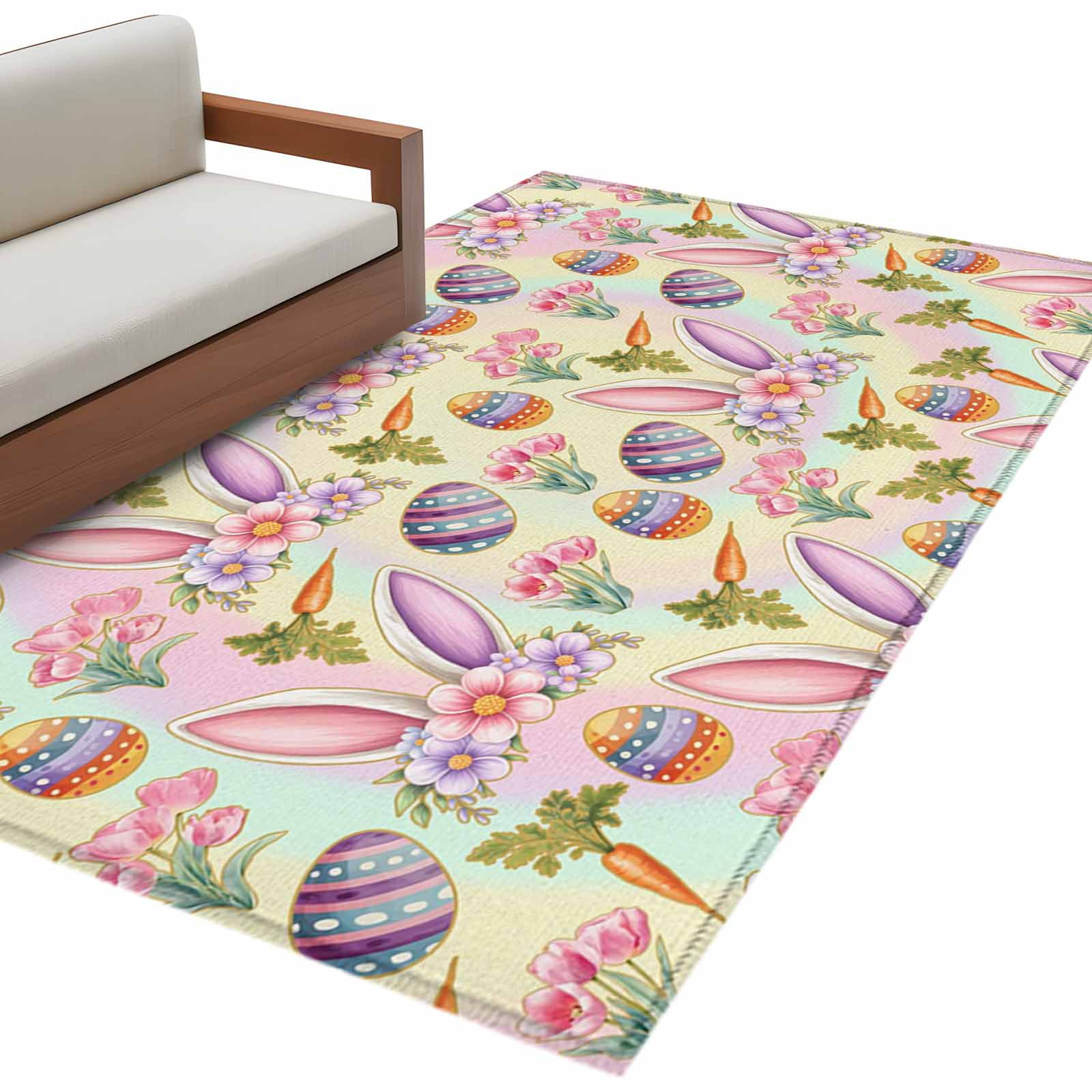 Easter Washable Area Rug 2.7 x 5 ft Rabbit Ears Eggs Carrots Floral ...
