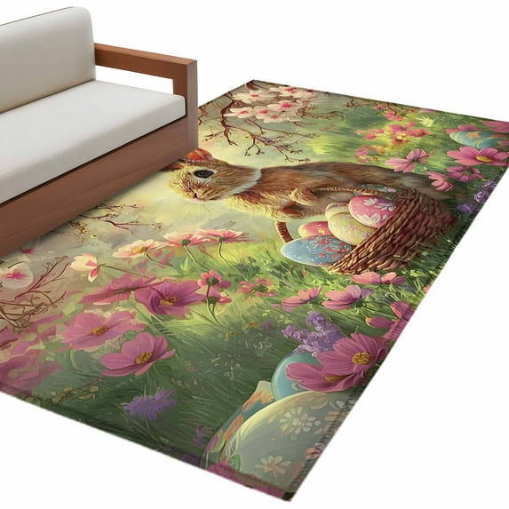 Easter Washable Area Rug 2.7 x 5 ft Spring Rabbit Basket Eggs Pink ...