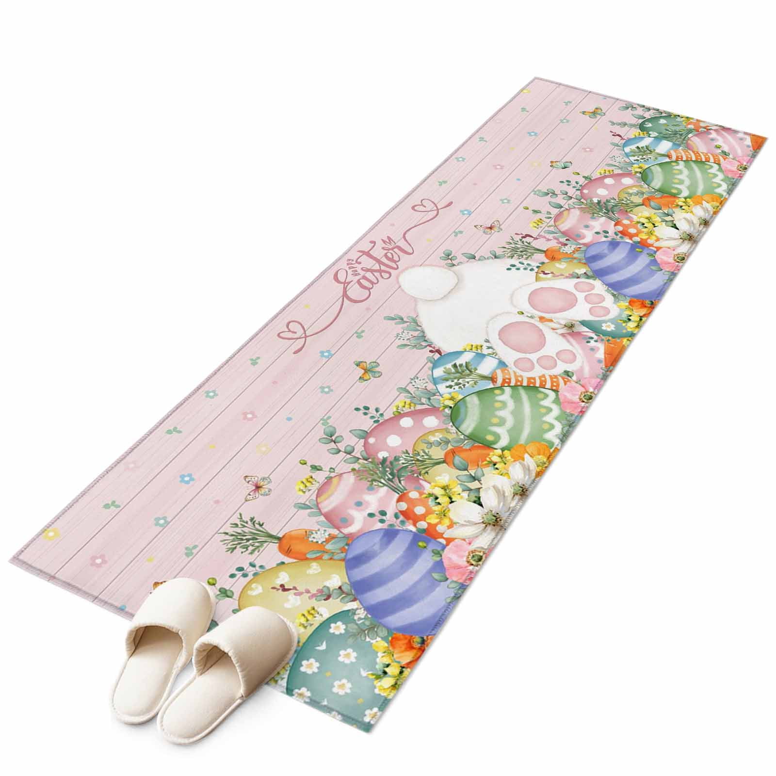 Easter Washable Area Rug 2 x 6 ft Spring Bunny Tail Colored Eggs Leaf ...