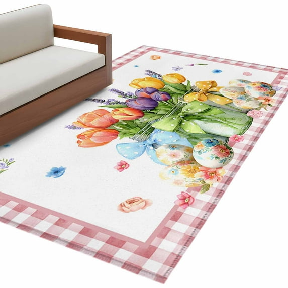 Easter Washable Area Rug 3 x 5 ft Spring Watercolor Floral Bowknots ...