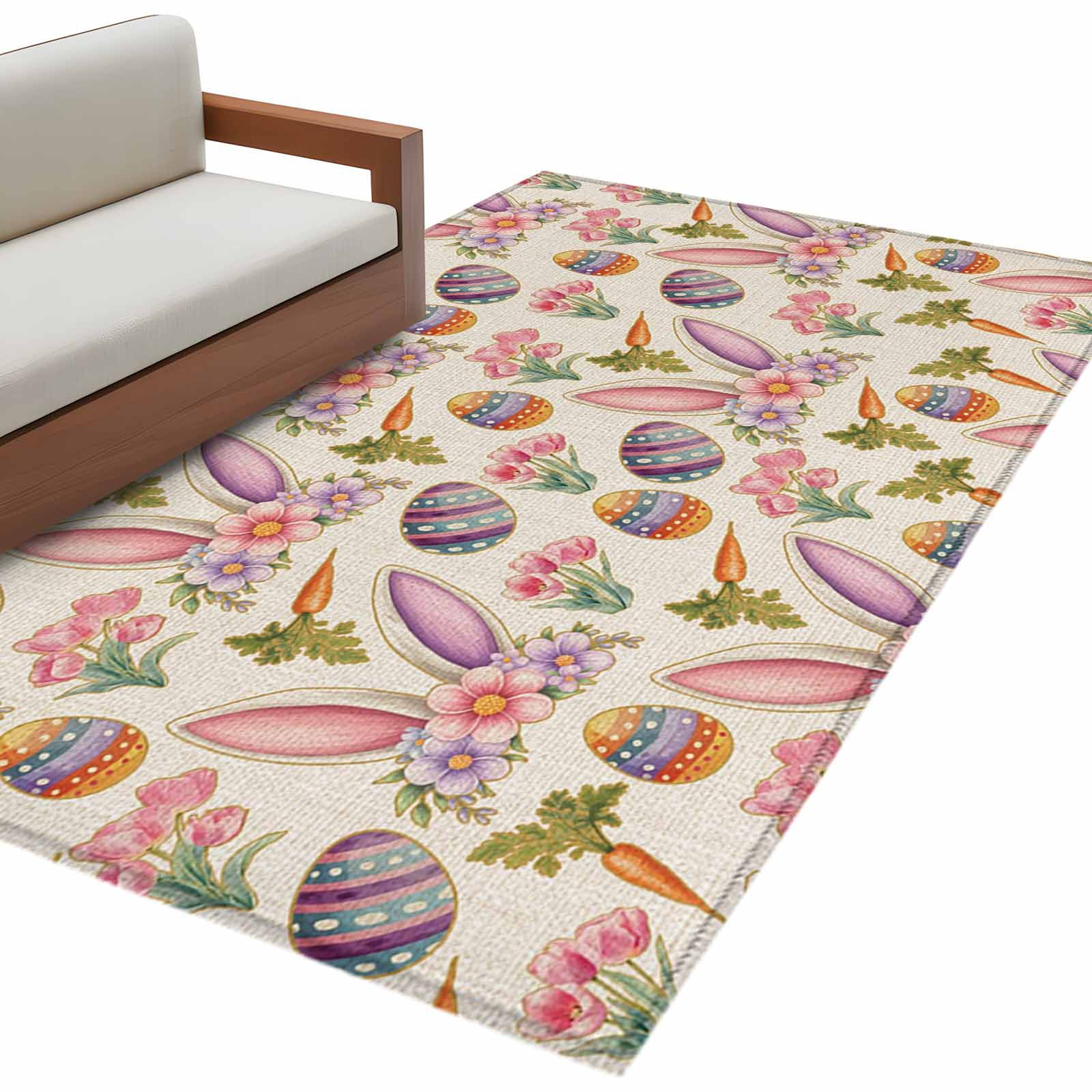 Easter Washable Area Rug 4 x 6 ft Pink Purple Rabbit Ears Eggs Carrots ...