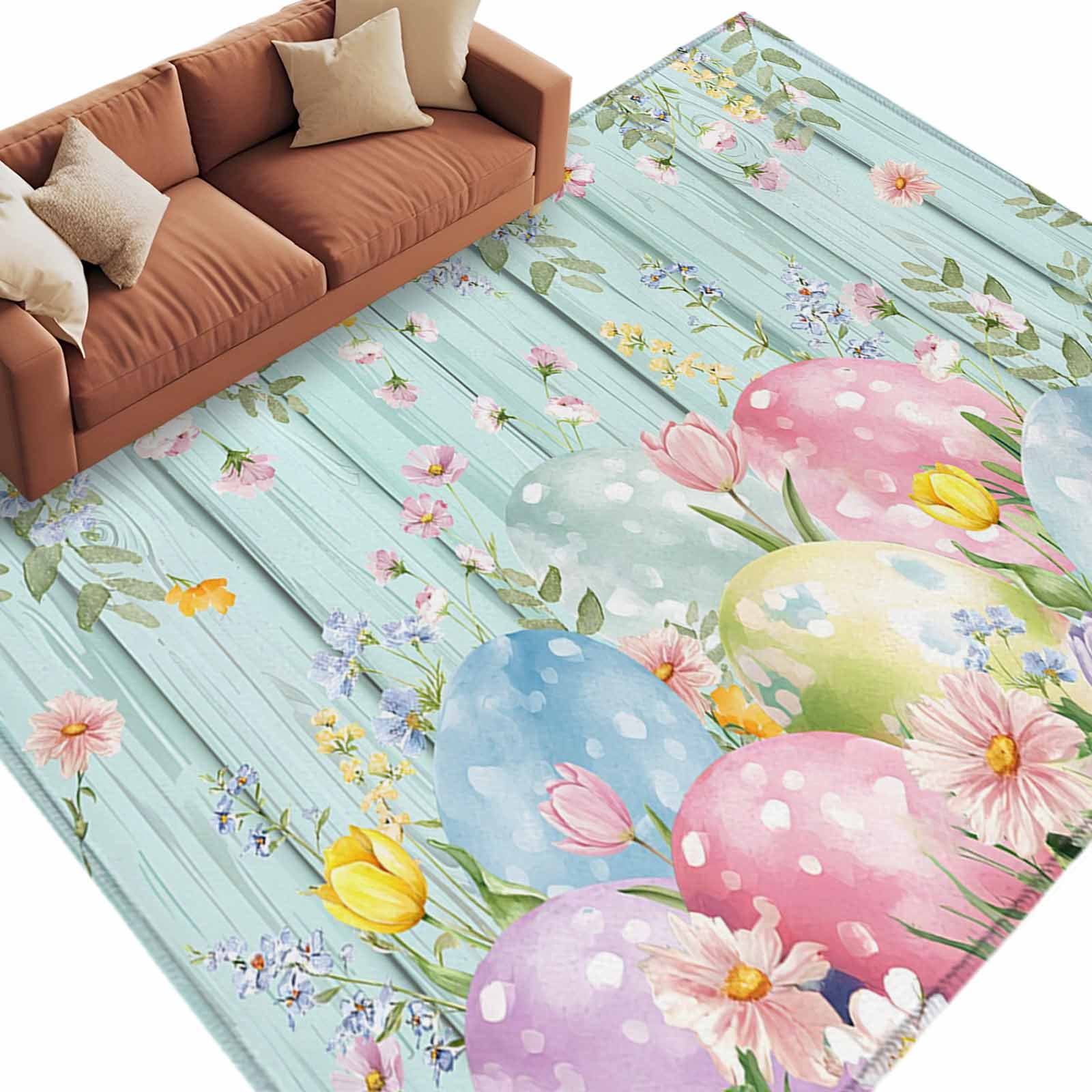 Easter Washable Area Rug 5 x 7 ft Spring Pink Blue Eggs Yellow Flower ...