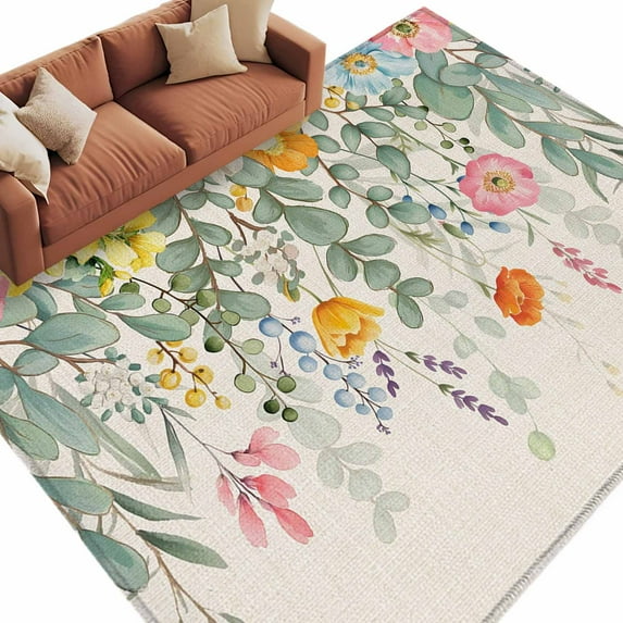 Easter Washable Area Rug 5 x 8 ft Spring Pink Yellow Blue Floral ...