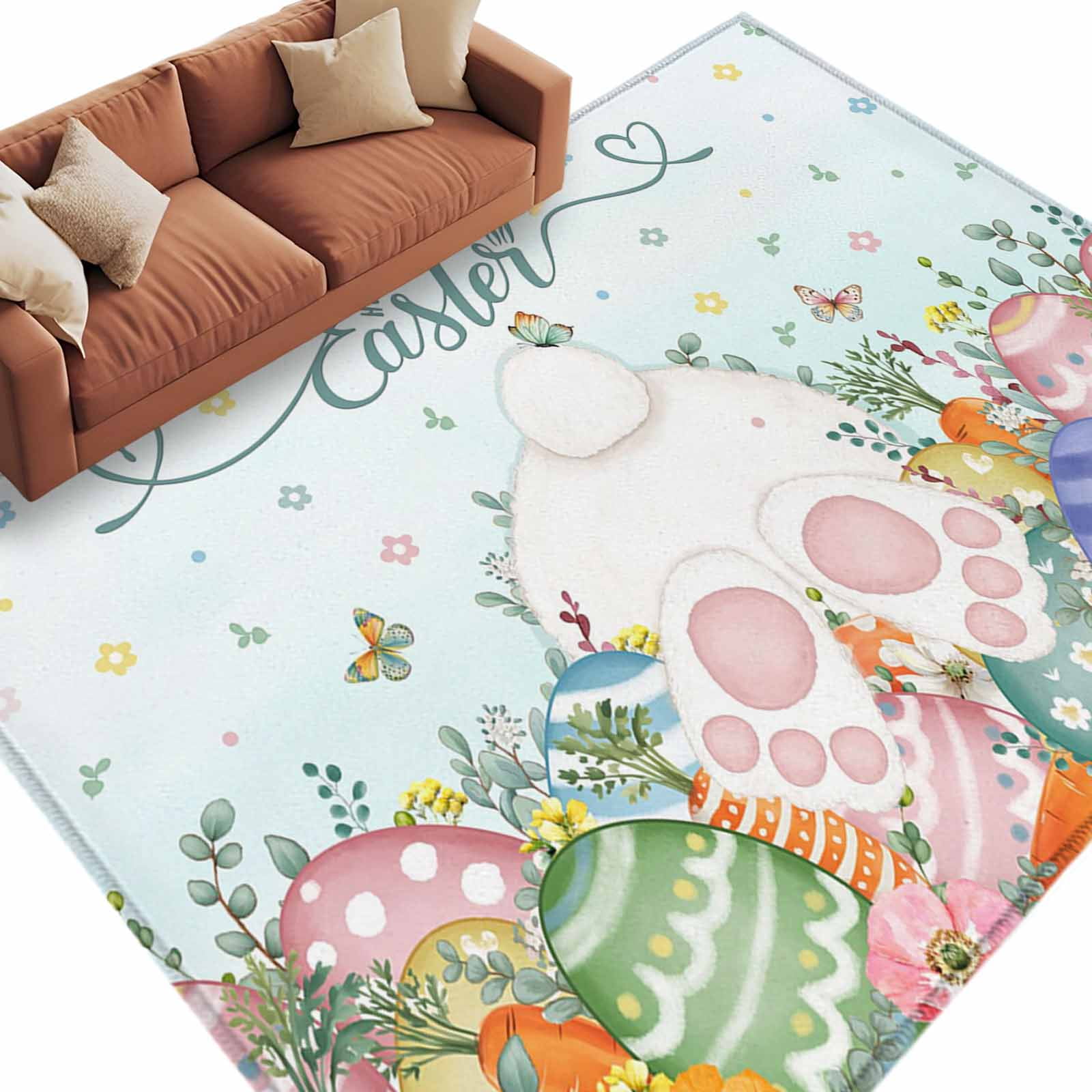 Easter Washable Area Rug 6 x 9 ft Spring Bunny Tail Colored Eggs Leaf ...