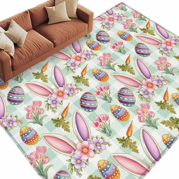Easter Washable Area Rug 6 x 9 ft Spring Pink Purple Rabbit Ears Eggs ...