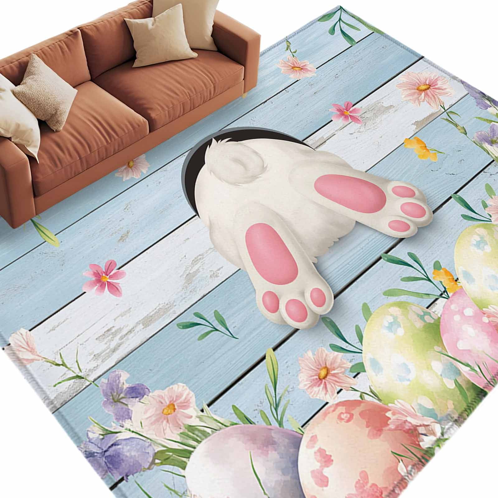 Easter Washable Area Rug 8 x 10 ft Spring White Bunny Tail Colored Eggs ...