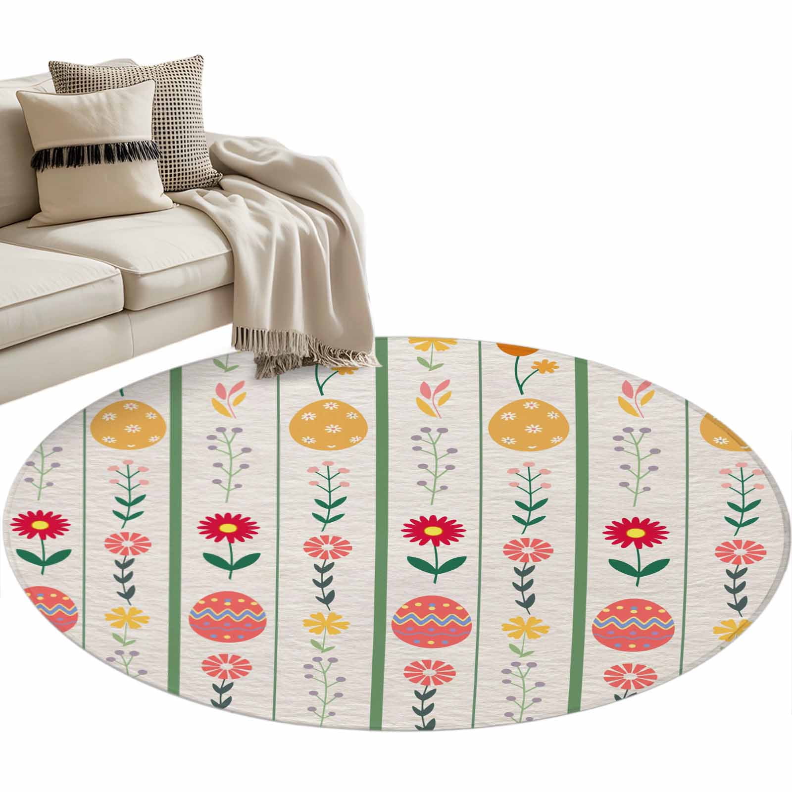 Easter Washable Round Area Rug 4 ft, Spring Floral Eggs Leaf Green ...