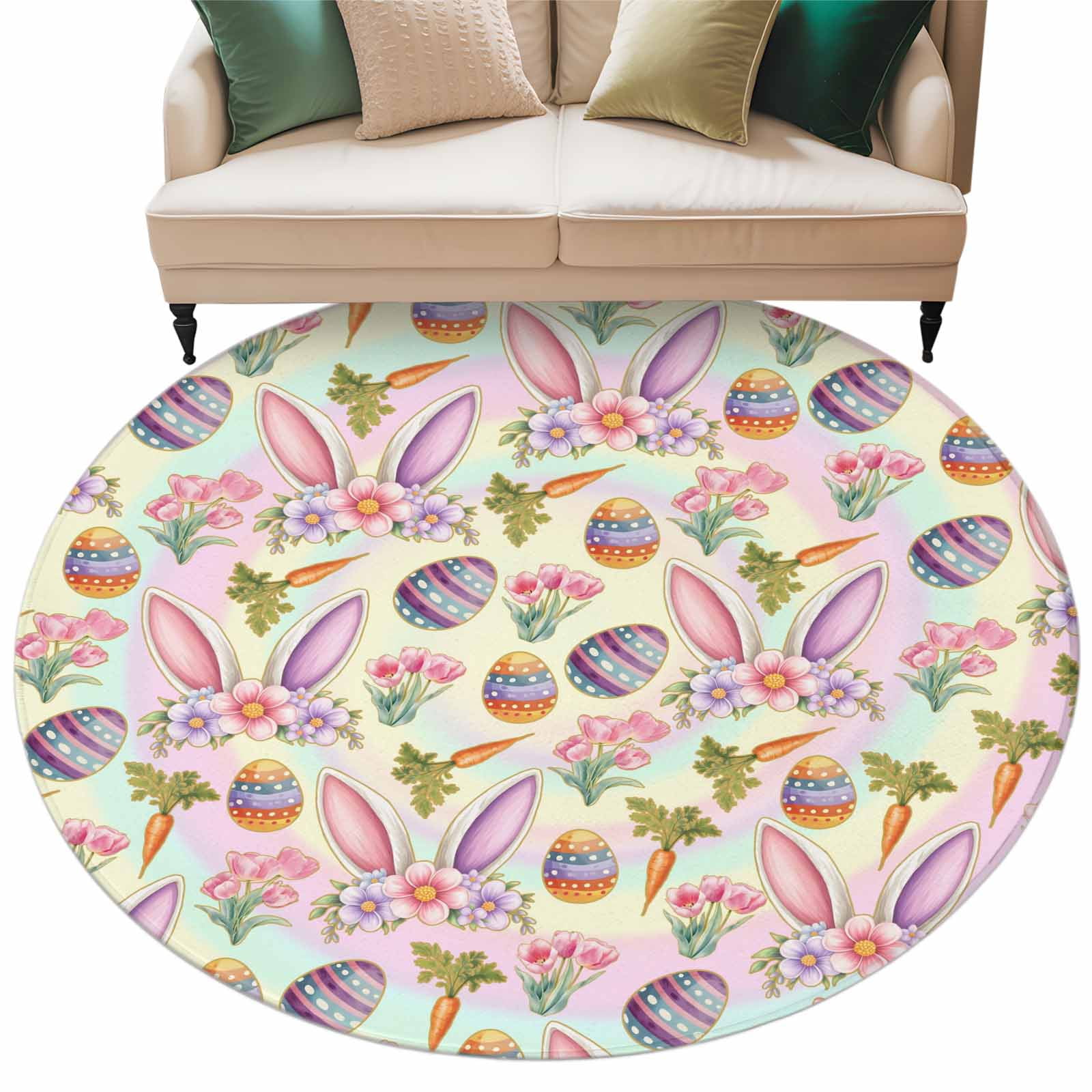 Easter Washable Round Area Rug 5 ft, Rabbit Ears Eggs Carrots Floral ...