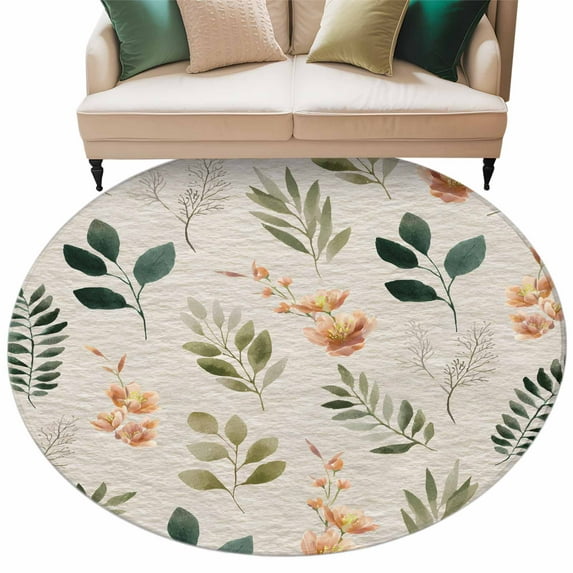 Easter Washable Round Area Rug 6 ft, Spring Pink Floral Green Leaf ...