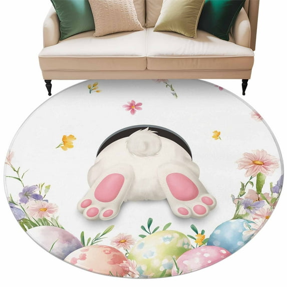 Easter Washable Round Area Rug 6 ft, Spring White Bunny Tail Colored ...