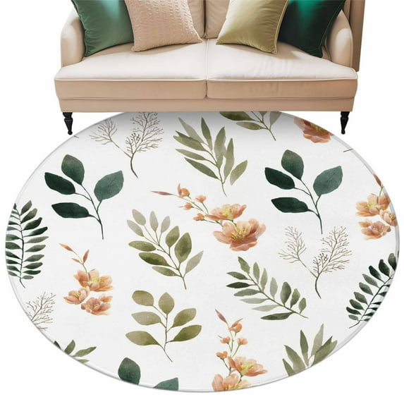 Easter Washable Round Area Rug 7 ft, Spring Pink Floral Green Leaf ...
