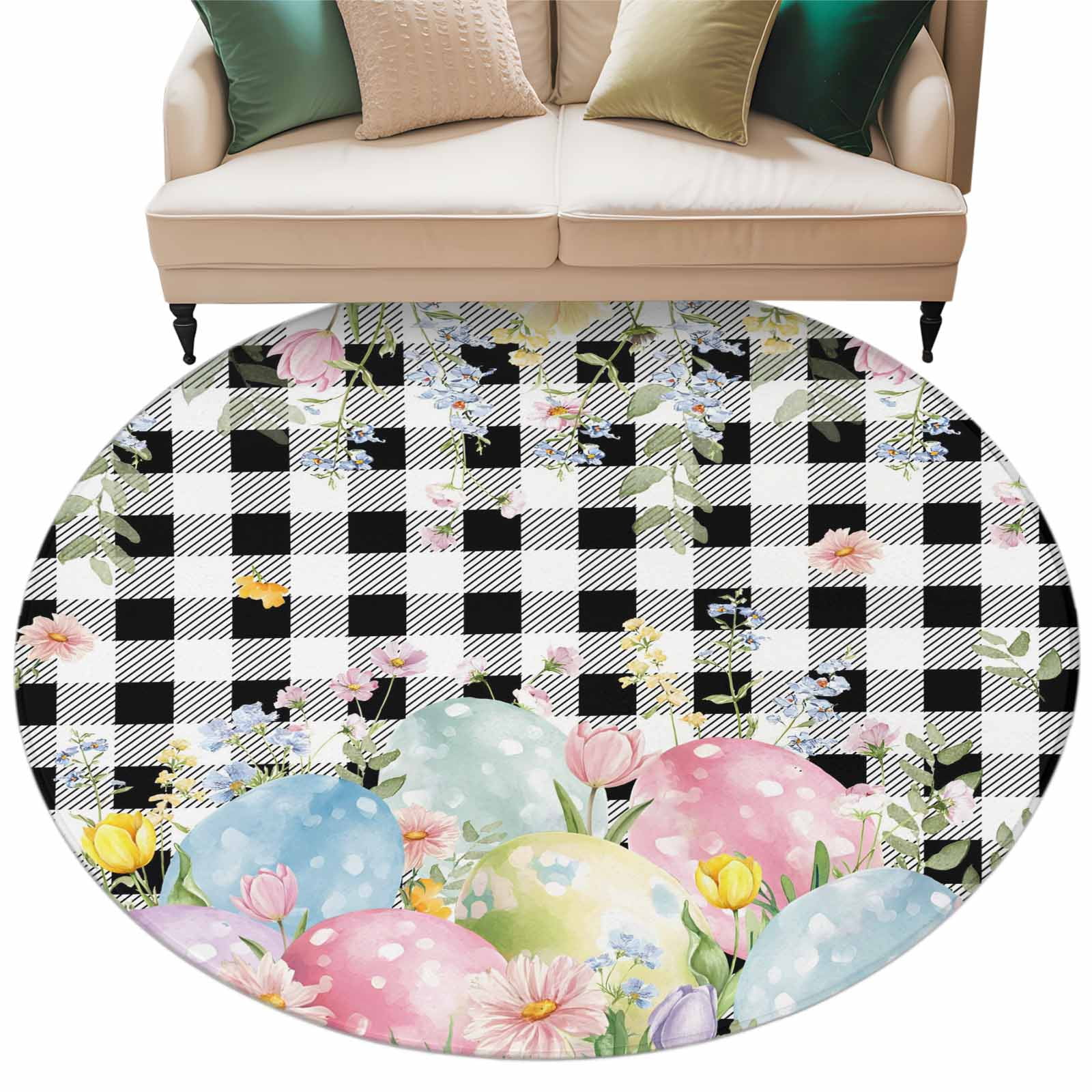 Easter Washable Round Area Rug 8 ft, Spring Pink Blue Eggs Yellow ...