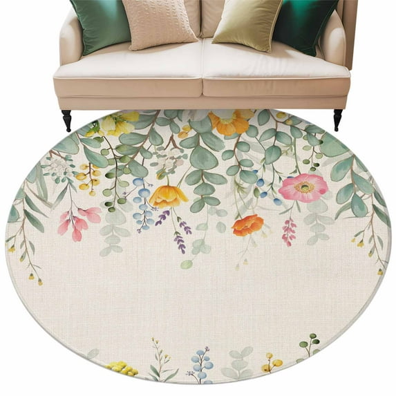 Easter Washable Round Area Rug 8 ft, Spring Pink Yellow Blue Floral ...