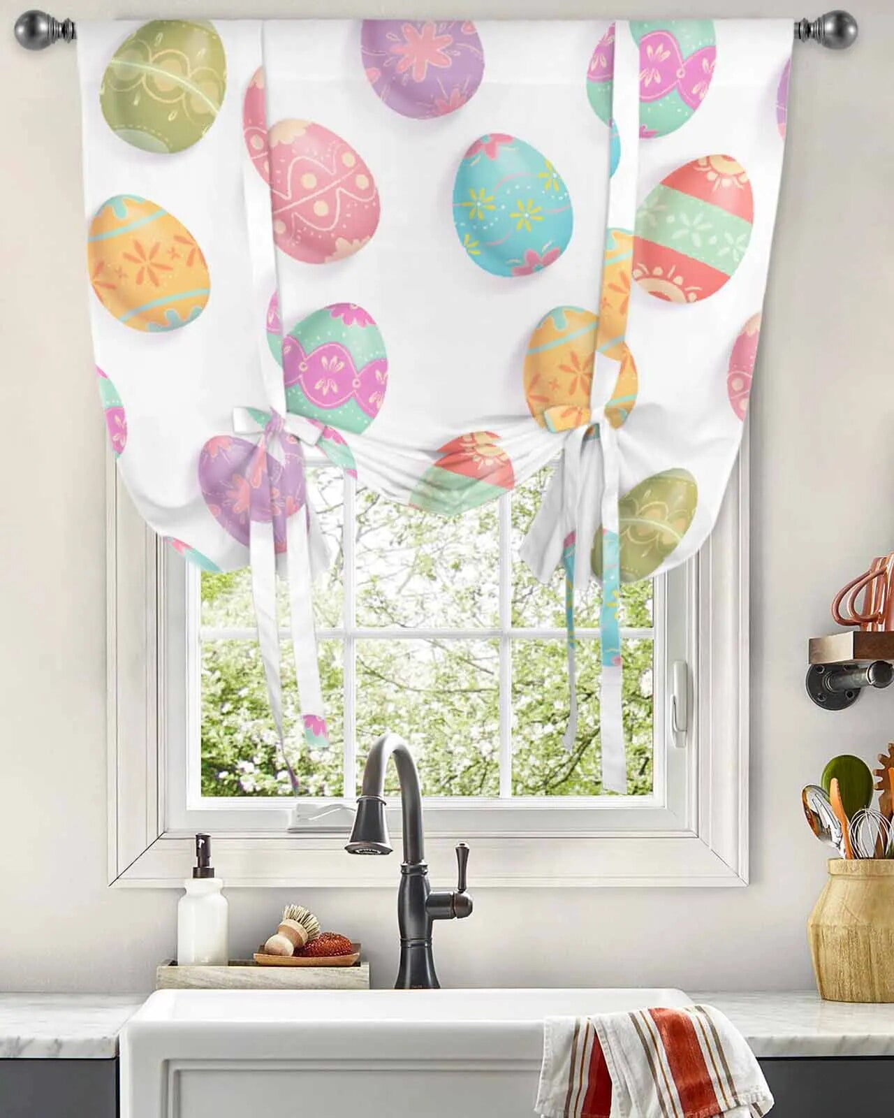 Easter Watercolor Eggs Curtains for Living Room Bedroom Modern Tie Up ...