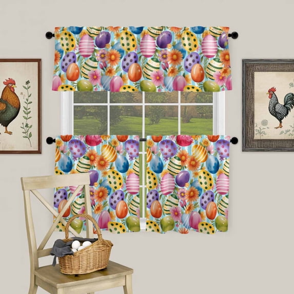 Easter Watercolor Eggs Flowers Curtain Tier and Valance Set 3 Piece ...