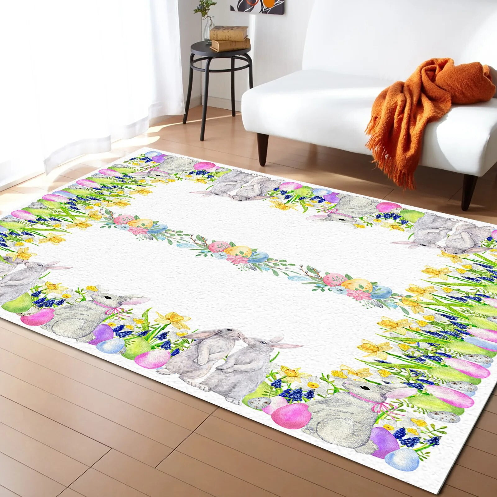 Easter Watercolor Rabbit Cherry Blossom Carpet Area Rug Children's Room ...