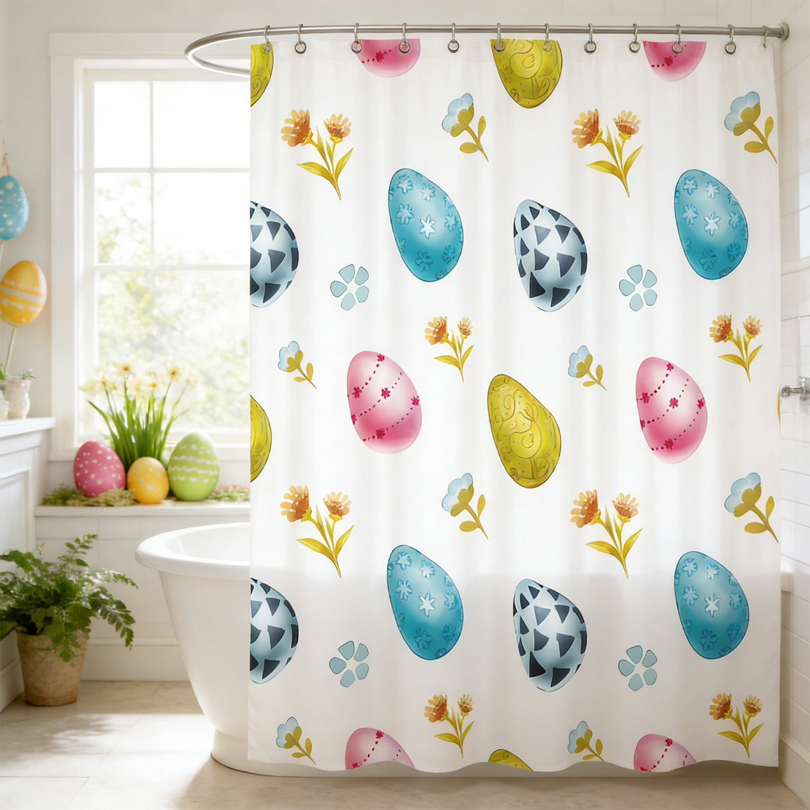 Easter Waterproof Shower Curtain, Colorful Floral Egg Pattern Bathroom ...