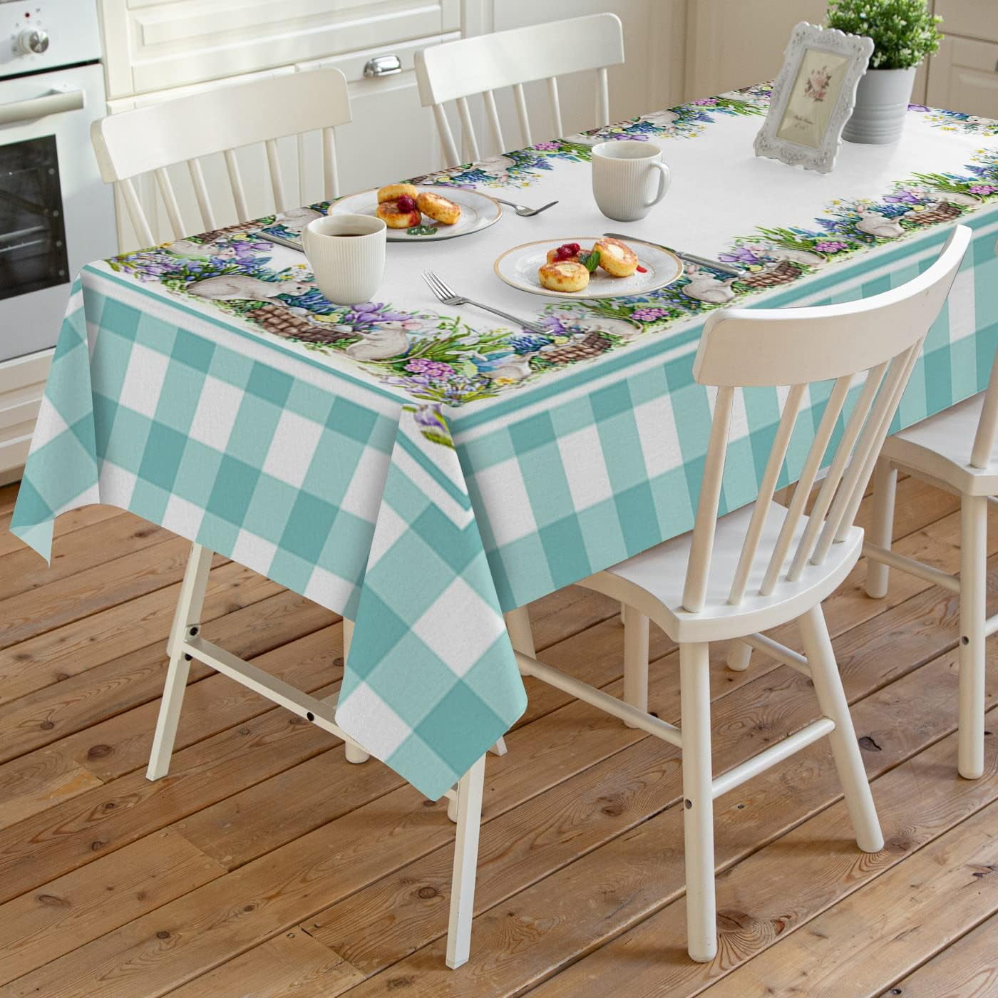 Easter Waterproof Tablecloth Rectangle Watercolor Egg Bunny Aqua ...