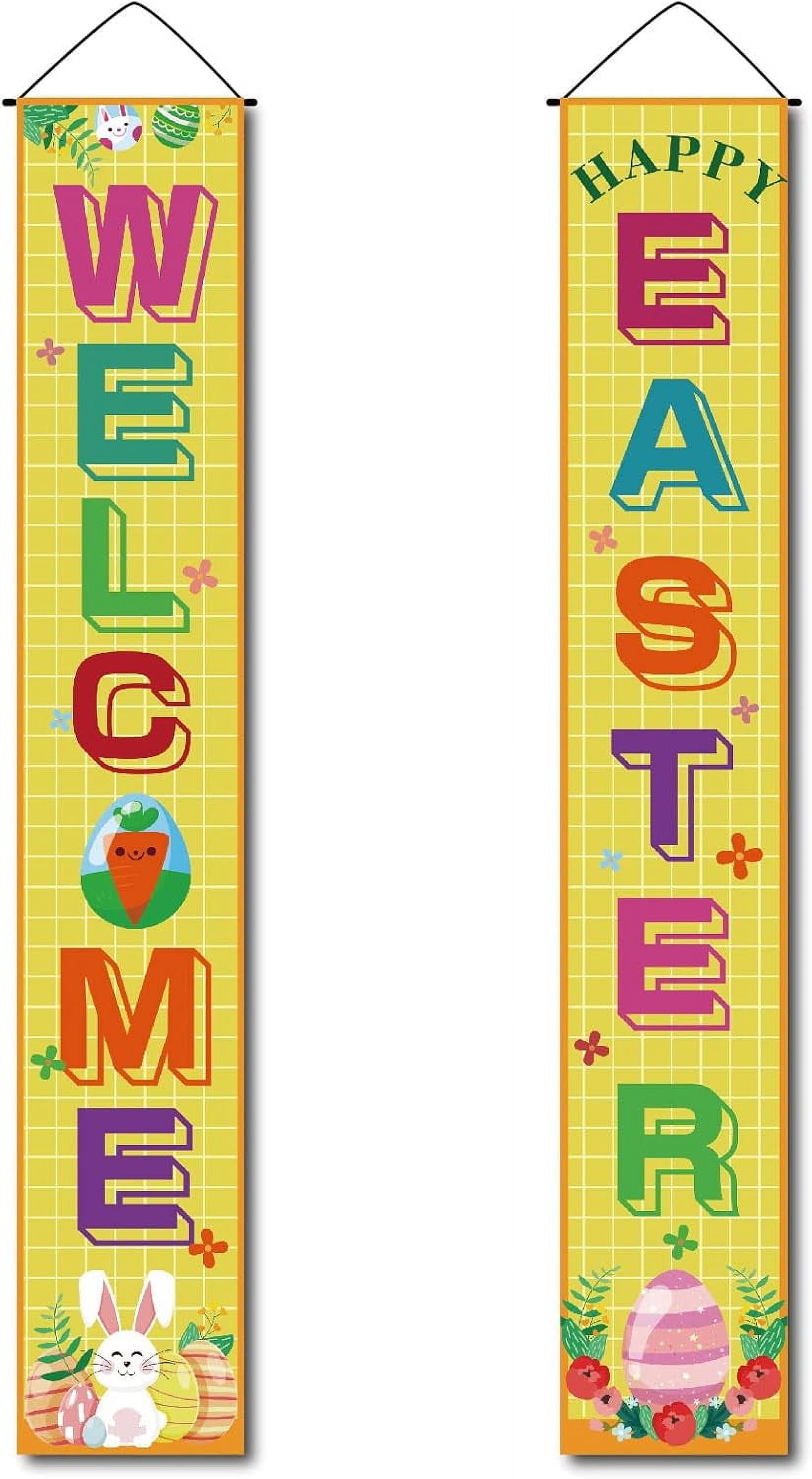Easter Welcome Door Banner Funny Bunny Yellow Plaid Door Decor Hanging ...
