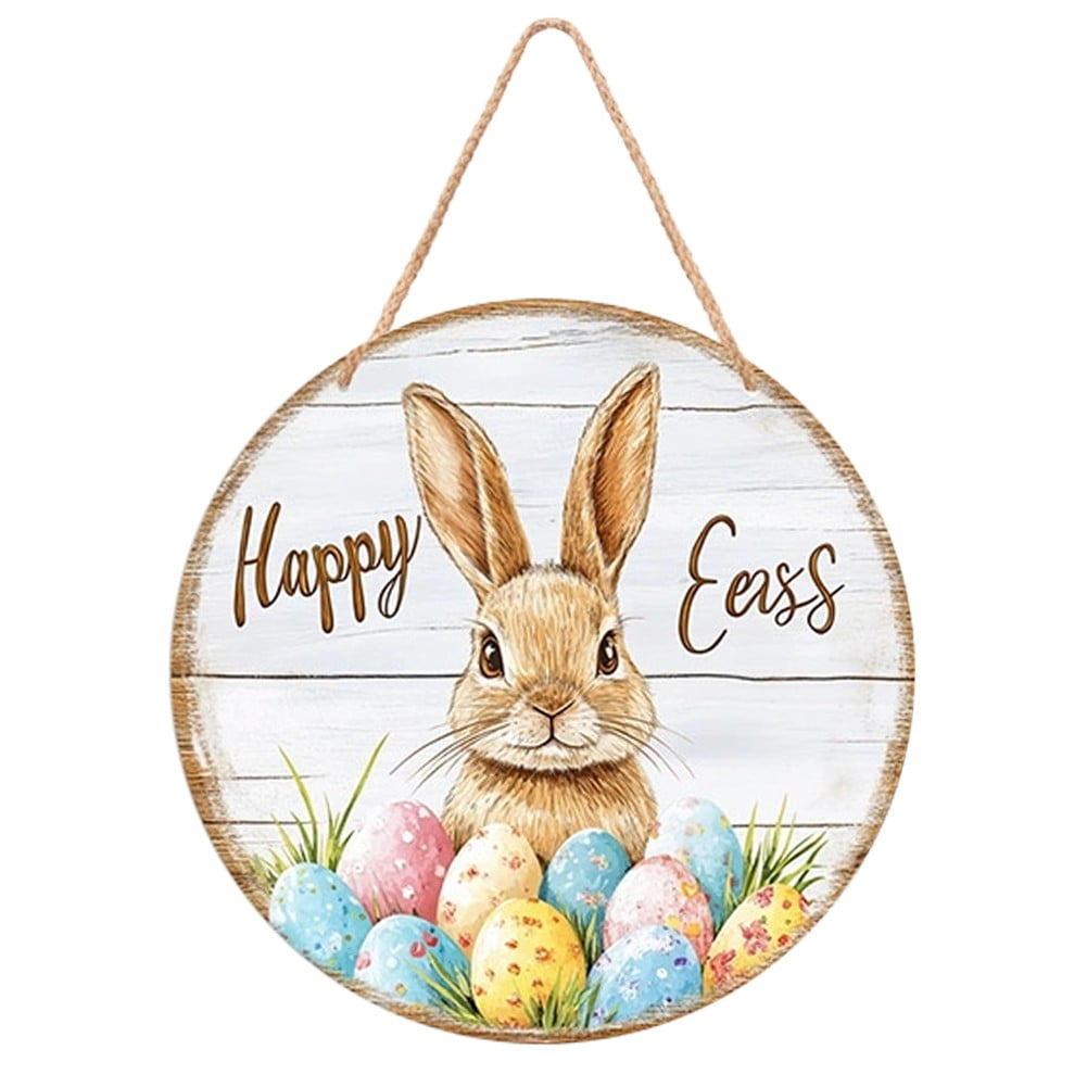 Easter Welcome Door Sign, Bunny Decor Wooden Sign Round Decorative Wall ...