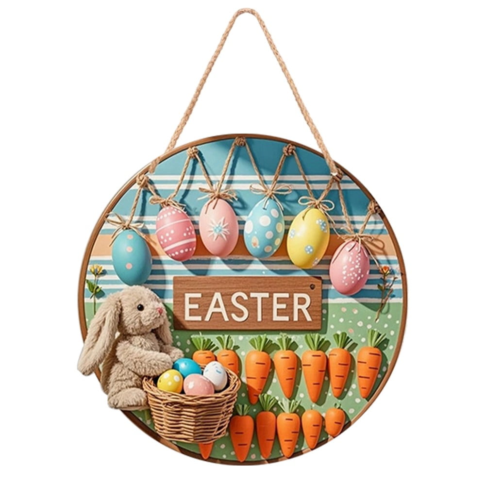 Easter Welcome Door Sign, Bunny Decor Wooden Sign Round Decorative Wall ...