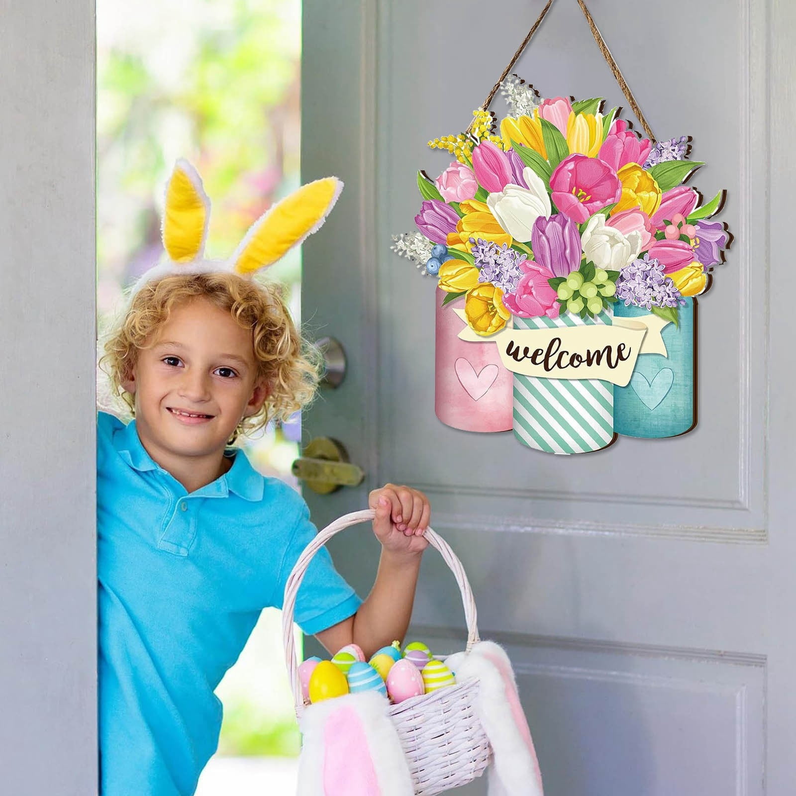 Easter Welcome Flower Door Sign Sign Easter Front Door Decorative ...