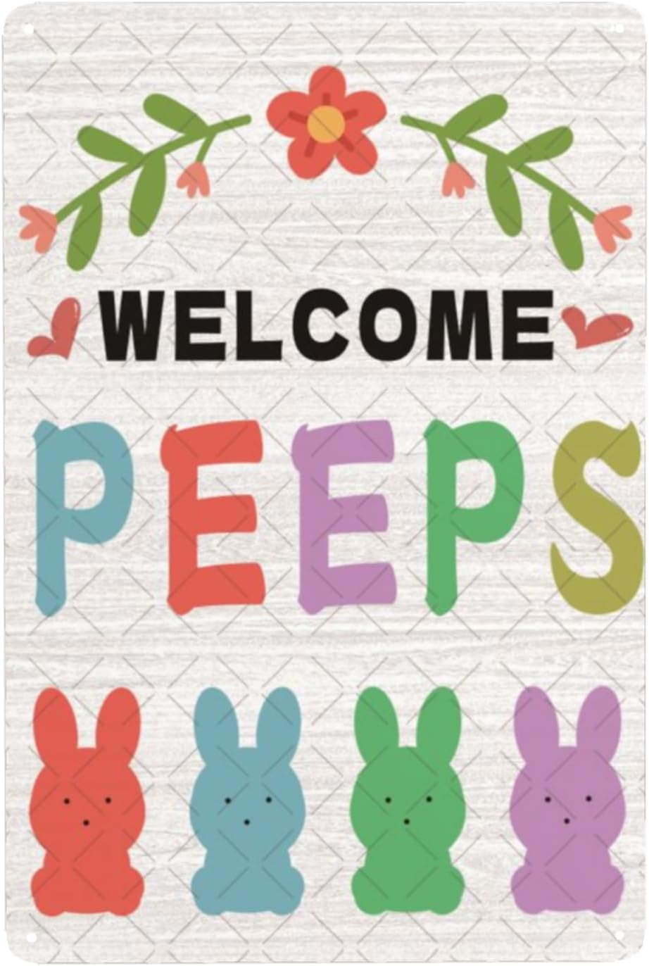 Easter Welcome Peeps Tin Sign Happy Easter Funny Rabbit Metal Sign Easter Day Wall Decor Gift ...