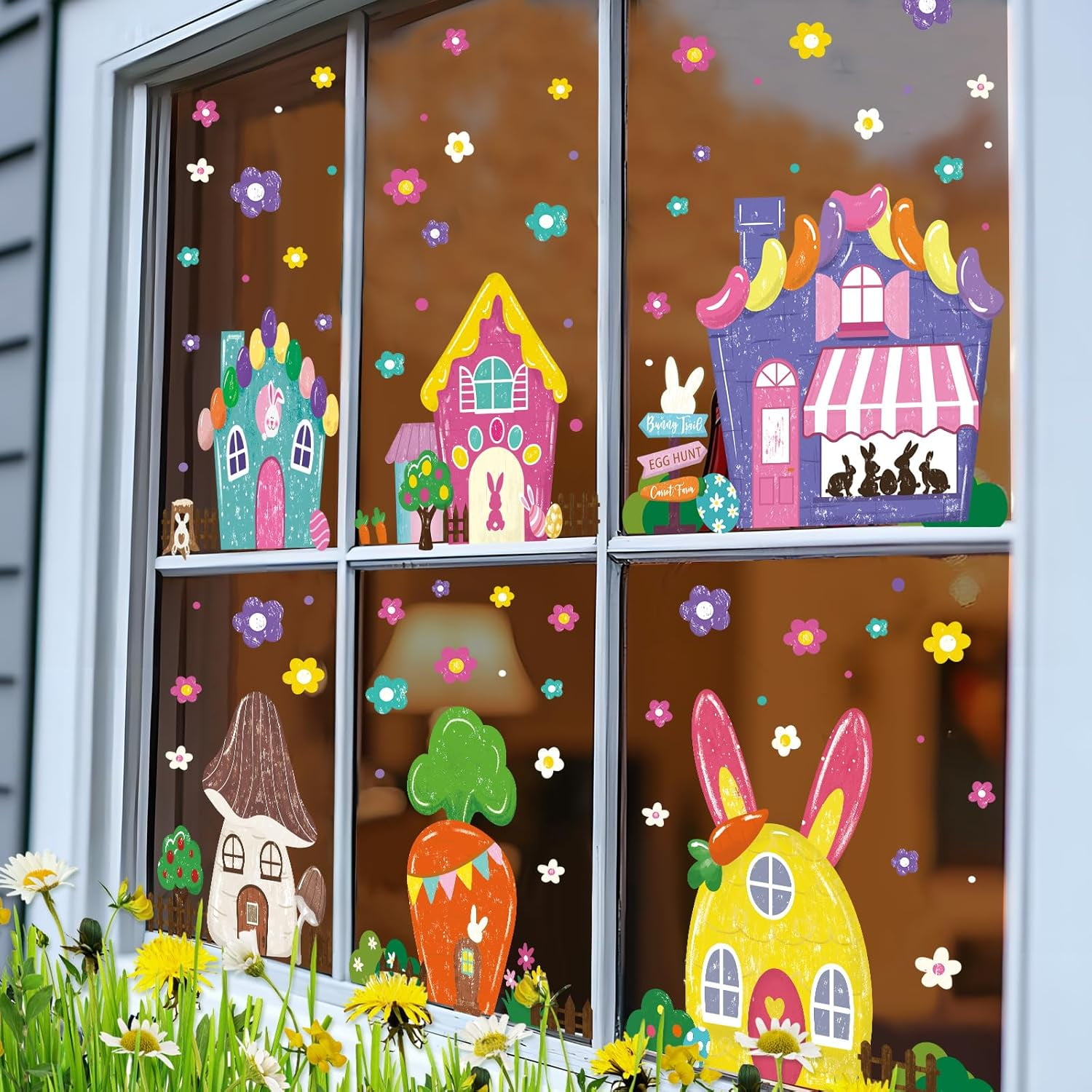 Easter Window Cling Decorations, Cute Cartoon House Bunny Flower Window ...
