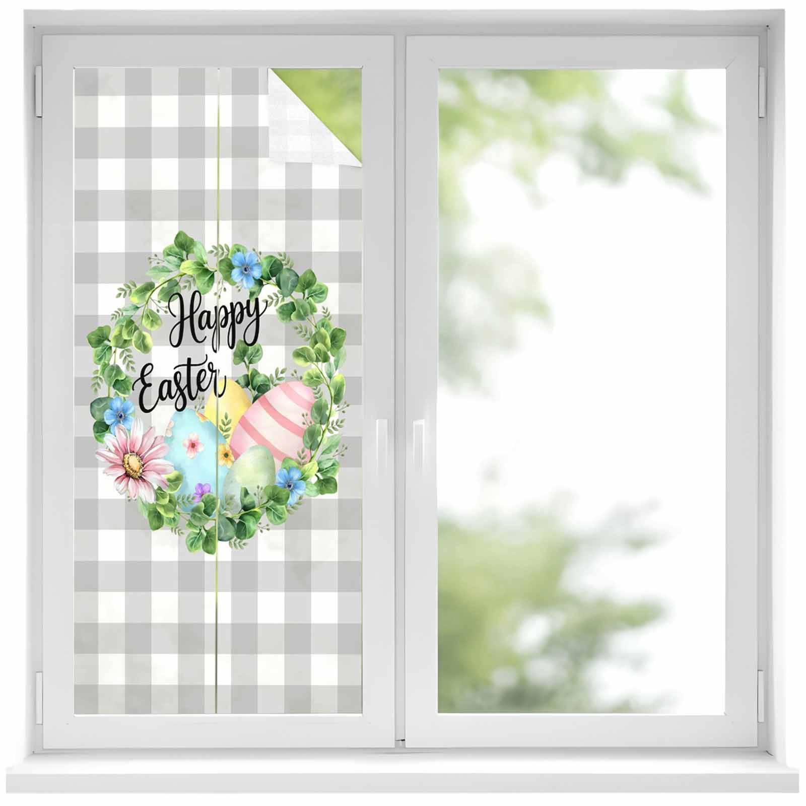 Easter Window Privacy Film, Spring Colorful Eggs Flower Leaf Grey Plaid ...