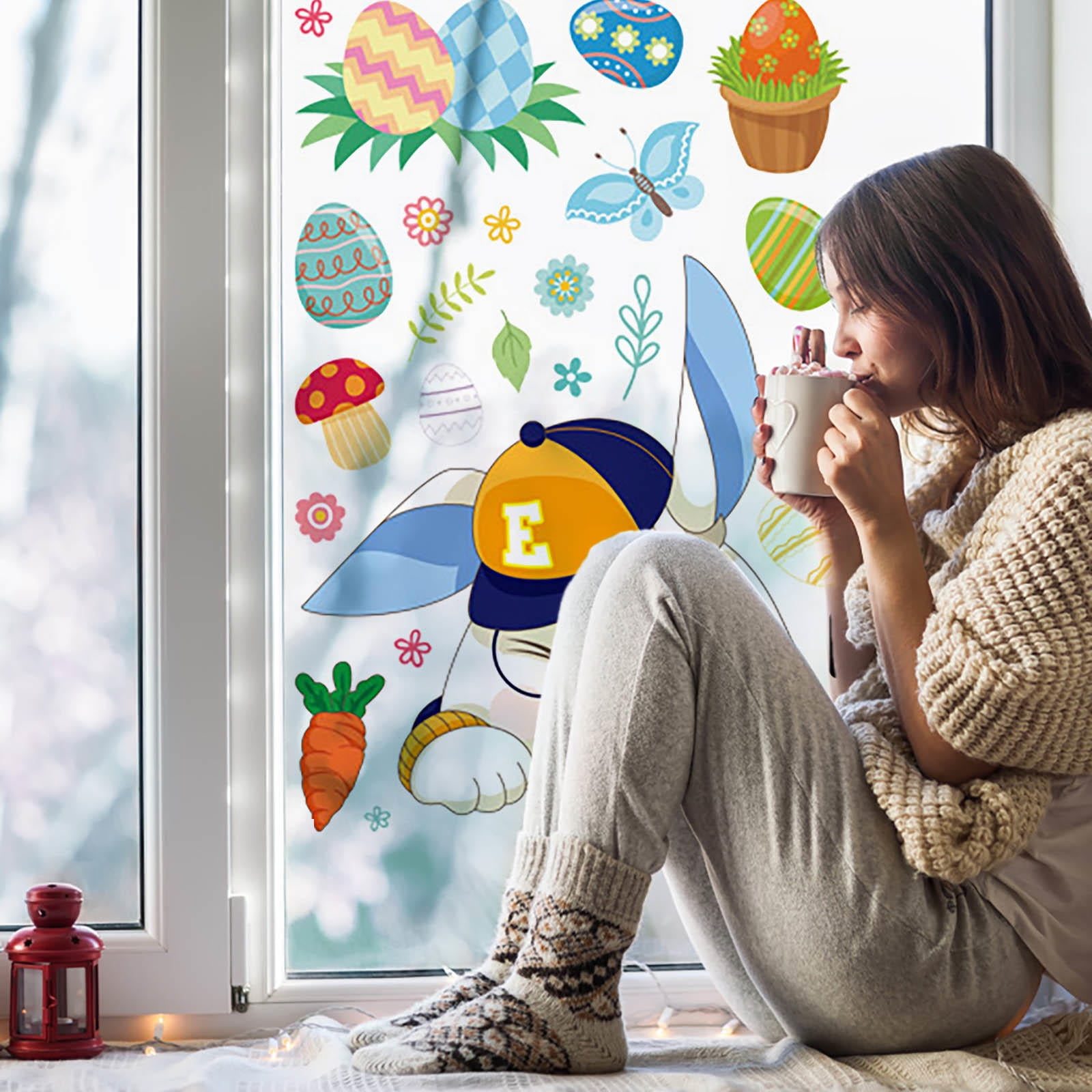 Easter Window Sticker Decal Cute Cartoon Bunny Egg Window Decal Spring ...