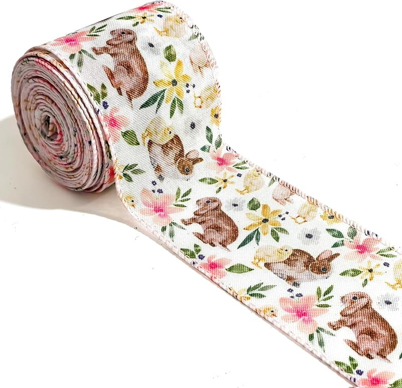 Easter Wired Edge Ribbon Spring Floral Bunny Wired Ribbon Watercolor ...