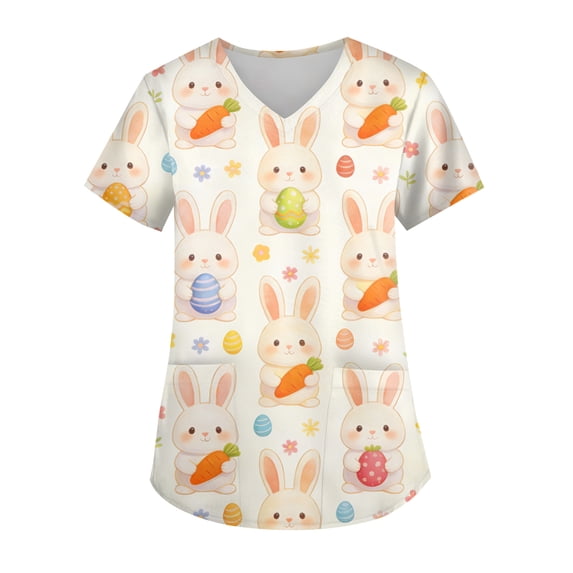 Easter Women Scrub Tops V-Neck Funny Bunny Print Short Sleeve Tunic ...